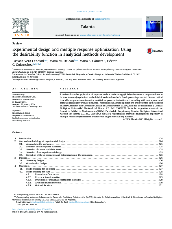 (PDF) Experimental design and multiple response optimization. Using the desirability function in ...