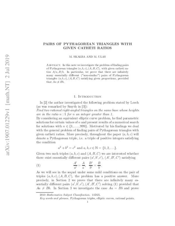 (PDF) Pairs of Pythagorean triangles with given catheti ratios