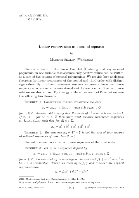 (PDF) Linear recurrences as sums of squares