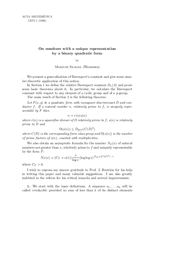 (PDF) On numbers with a unique representation by a binary quadratic ...