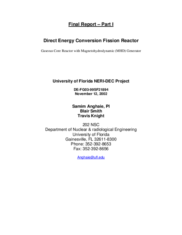 (PDF) Direct Energy Conversion Fission Reactor, Gaseous Core Reactor with Magnetohydrodynamic ...