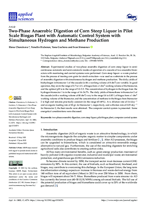 (PDF) Two-Phase Anaerobic Digestion of Corn Steep Liquor in Pilot Scale ...
