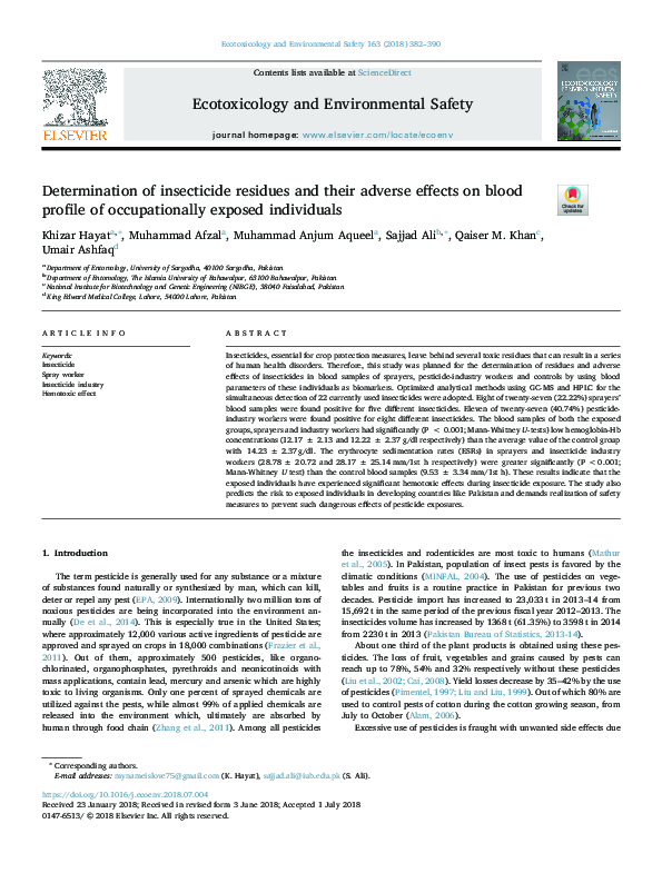 (PDF) Determination of insecticide residues and their adverse effects on blood profile of ...