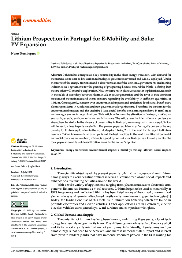 (PDF) Lithium Prospection in Portugal for E-Mobility and Solar PV Expansion