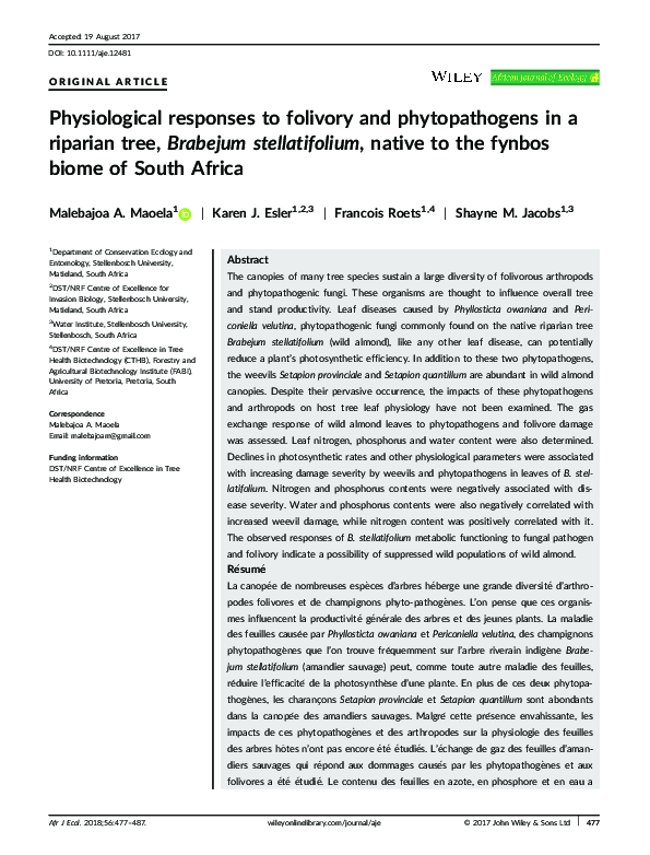 (PDF) Physiological responses to folivory and phytopathogens in a ...