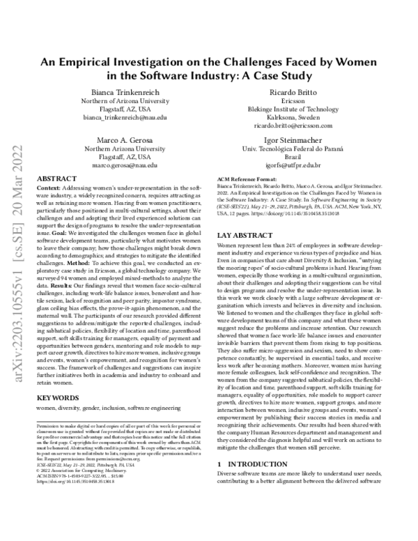 (PDF) An Empirical Investigation on the Challenges Faced by Women in the Software Industry: A ...