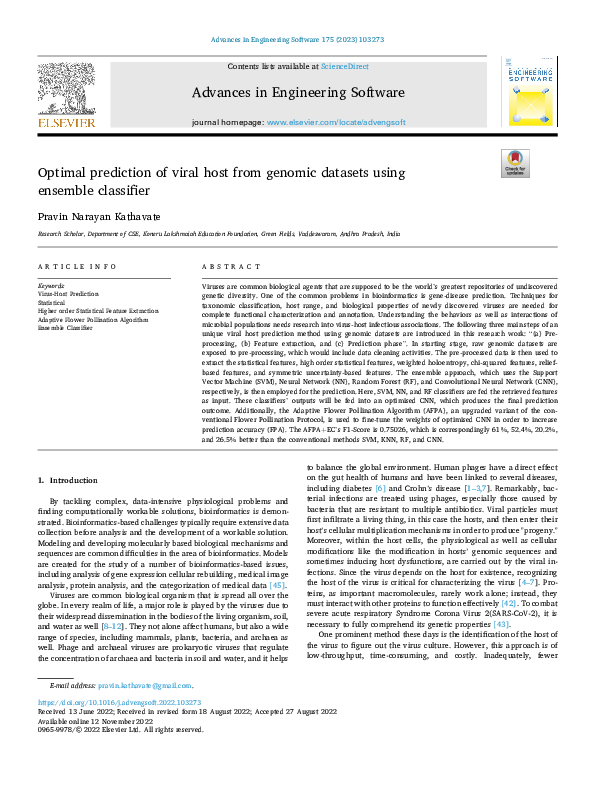 (PDF) Optimal prediction of viral host from genomic datasets using ensemble classifier