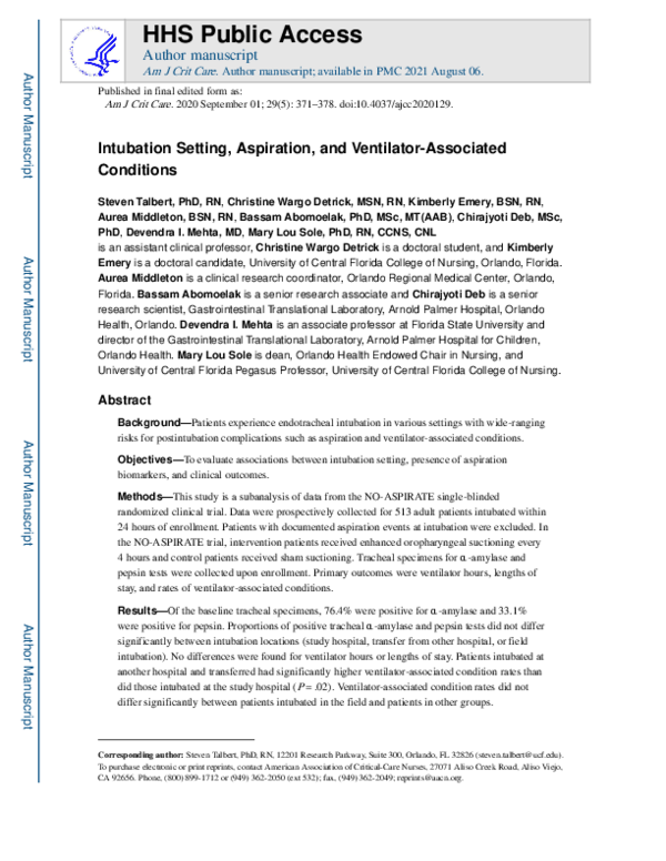 (PDF) Intubation Setting, Aspiration, and Ventilator-Associated Conditions