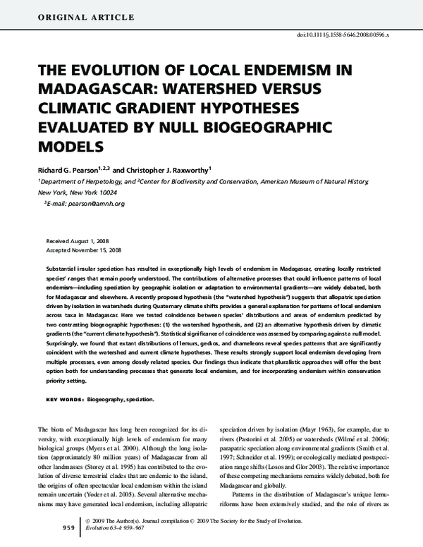 (PDF) The Evolution of Local Endemism in Madagascar: Watershed Versus ...