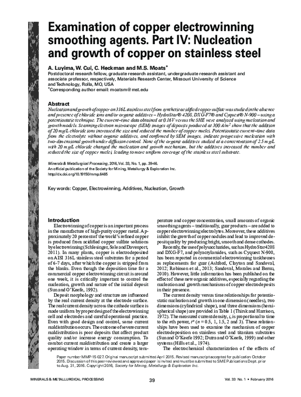 (PDF) Examination of copper electrowinning smoothing agents. Part I: A ...