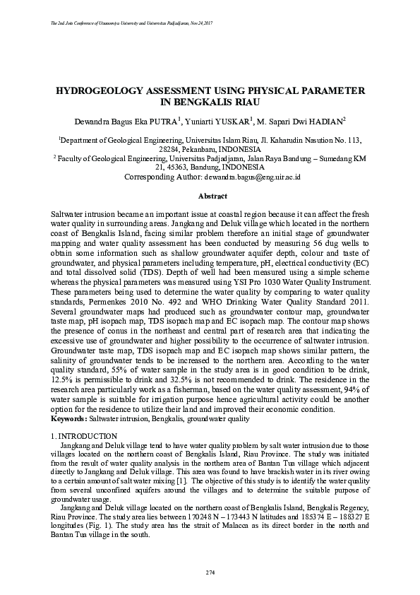 (PDF) Hydrogeology Assessment Using Physical Parameter in Bengkalis Riau