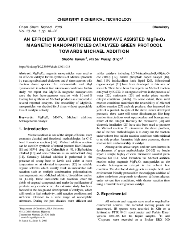 (PDF) An Efficient Solvent Free Microwave Assisted MgFe2O4 Magnetic Nanoparticles Catalyzed ...