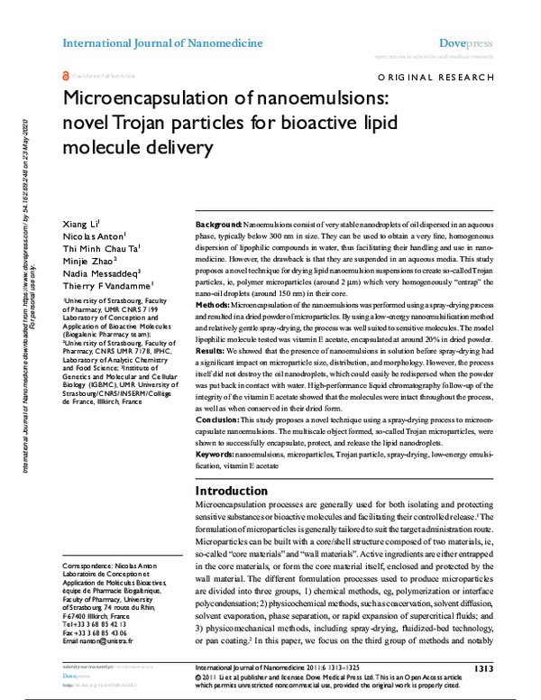 (PDF) Microencapsulation of nanoemulsions: novel Trojan particles for ...