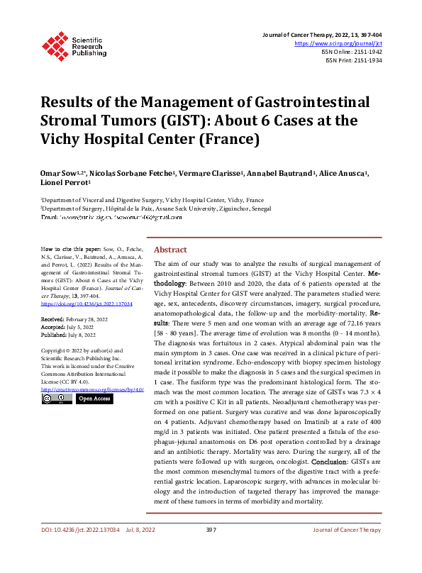 (PDF) Results of the Management of Gastrointestinal Stromal Tumors ...