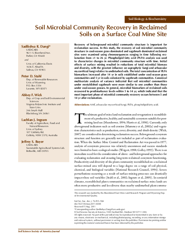 (PDF) Soil Microbial Community Recovery in Reclaimed Soils on a Surface Coal Mine Site