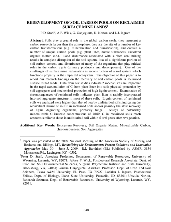 (PDF) Redevelopment of Soil Carbon Pools on Reclaimed Surface Mine Lands