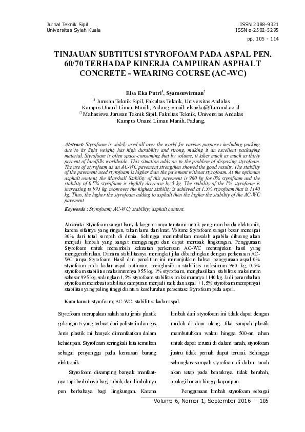 (PDF) Tinjauan Subtitusi Styrofoam Pada Aspal Pen. 60/70 Terhadap ...