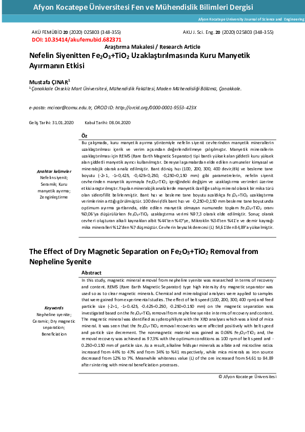 (PDF) Nefelin Siyenitten Fe2O3+TiO2 Uzaklaştırılmasında Kuru Manyetik ...