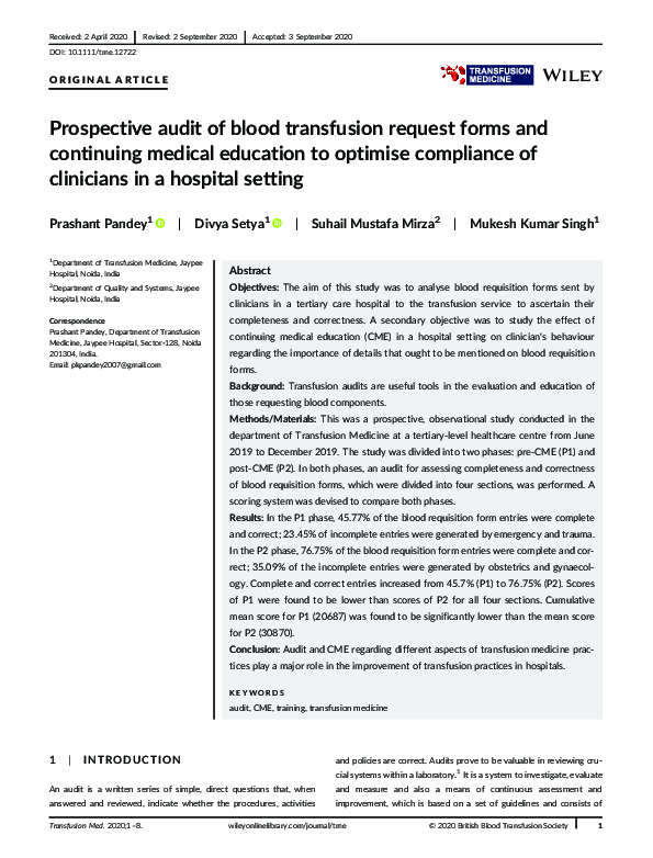 (PDF) Prospective audit of blood transfusion request forms and ...