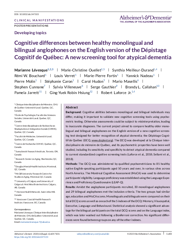 Cognitive differences between healthy monolingual and bilingual anglophones on the English ...
