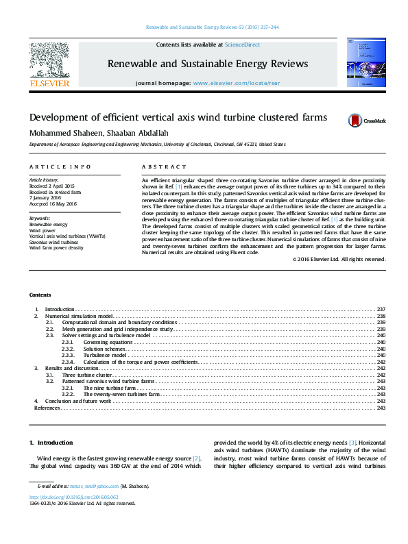 (PDF) Development of efficient vertical axis wind turbine clustered farms