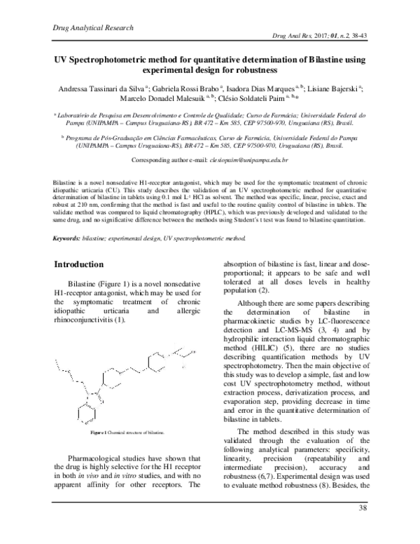 (PDF) Uv Spectrophotometric Method for Quantitative Determination of Bilastine Using ...