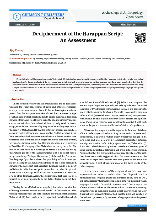 (PDF) Decipherment of the Harappan Script: An Assessment