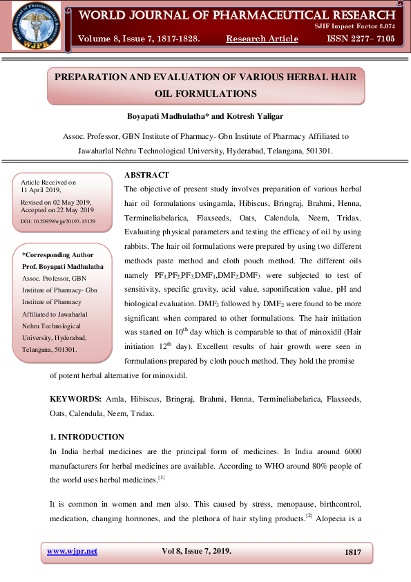 (PDF) PREPARATION AND EVALUATION OF VARIOUS HERBAL HAIR OIL FORMULATIONS