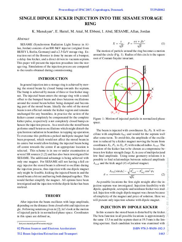 (PDF) Single Dipole Kicker Injection Into the Sesame Storage Ring