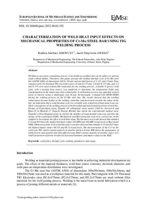 (PDF) CHARACTERIZATION OF WELD HEAT INPUT EFFECTS ON MECHANICAL PROPERTIES OF Cr-Mo STEEL BAR ...