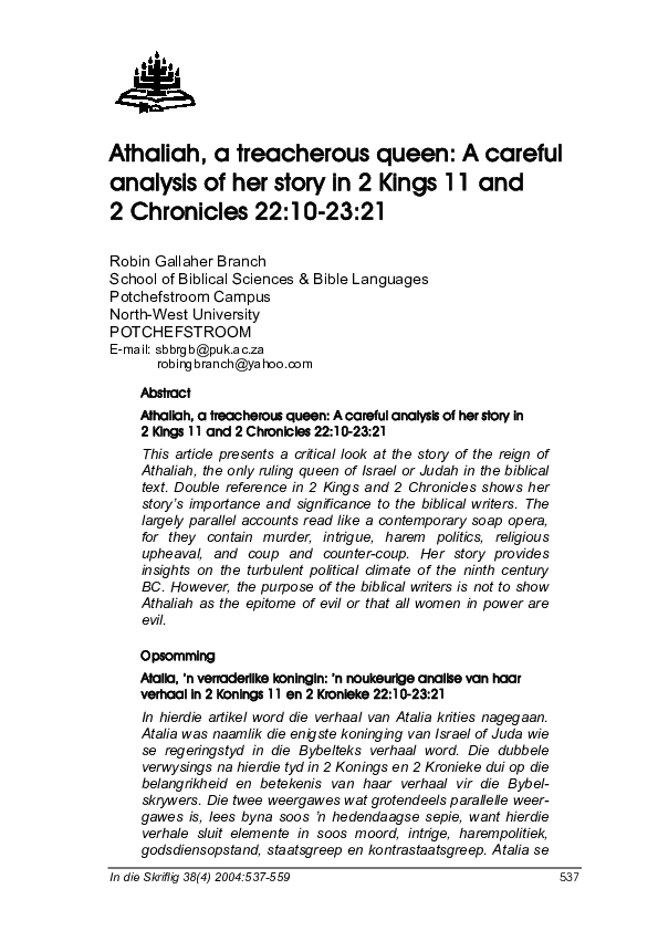 (PDF) Athaliah, a treacherous queen: A careful analysis of her story in ...