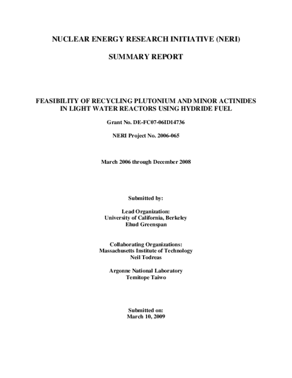 (PDF) Feasibility of Recycling Plutonium and Minor Actinides in Light ...