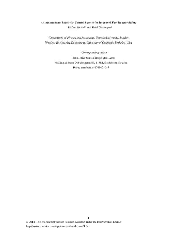 (PDF) An Autonomous Reactivity Control system for improved fast reactor ...