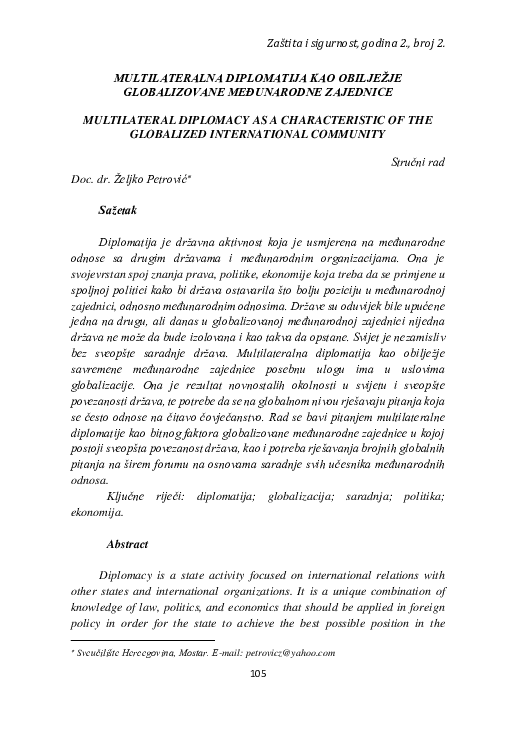(PDF) MULTILATERALNA DIPLOMATIJA KAO OBILJEŽJE GLOBALIZOVANE ...