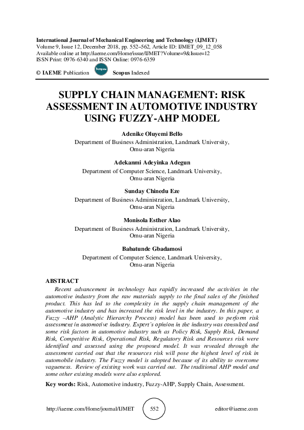 (PDF) Supply Chain Management: Risk Assessment in Automotive Industry Using Fuzzy-Ahp Model