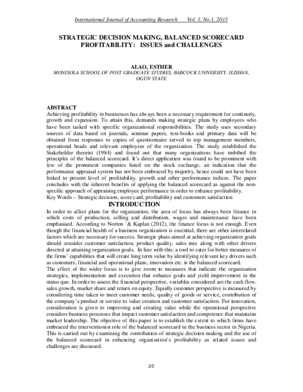 (PDF) Strategic Decision Making , Balanced Scorecard Profitability : Issues and Challenges