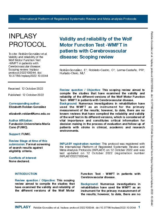 (PDF) Validity and reliability of the Wolf Motor Function Test -WMFT in ...