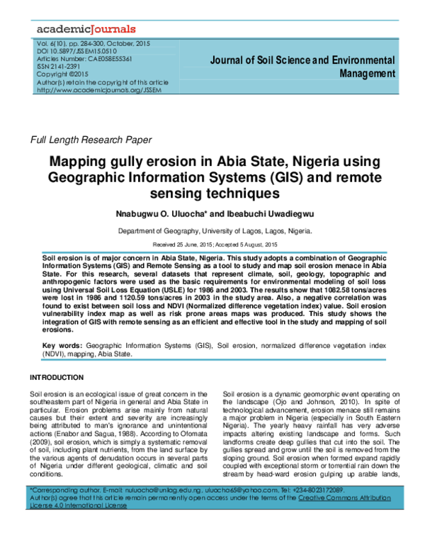 (PDF) Mapping gully erosion in Abia State, Nigeria using Geographic ...