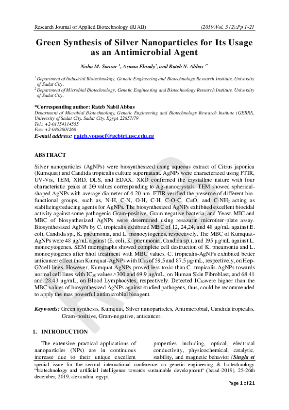(PDF) Green Synthesis of Silver Nanoparticles for Its Usage as an Antimicrobial Agent | noha ...