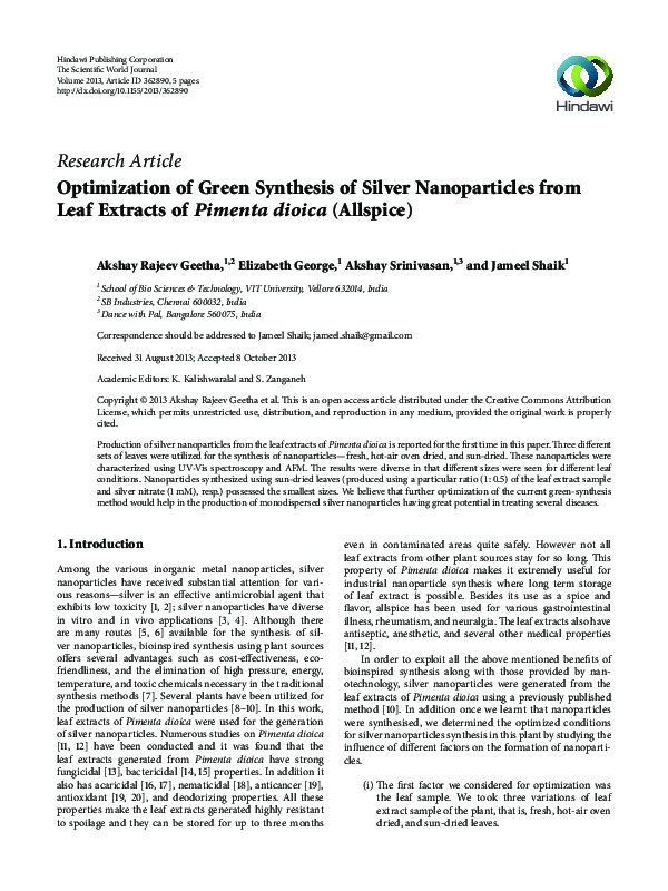 (PDF) Optimization of Green Synthesis of Silver Nanoparticles from Leaf Extracts ofPimenta ...
