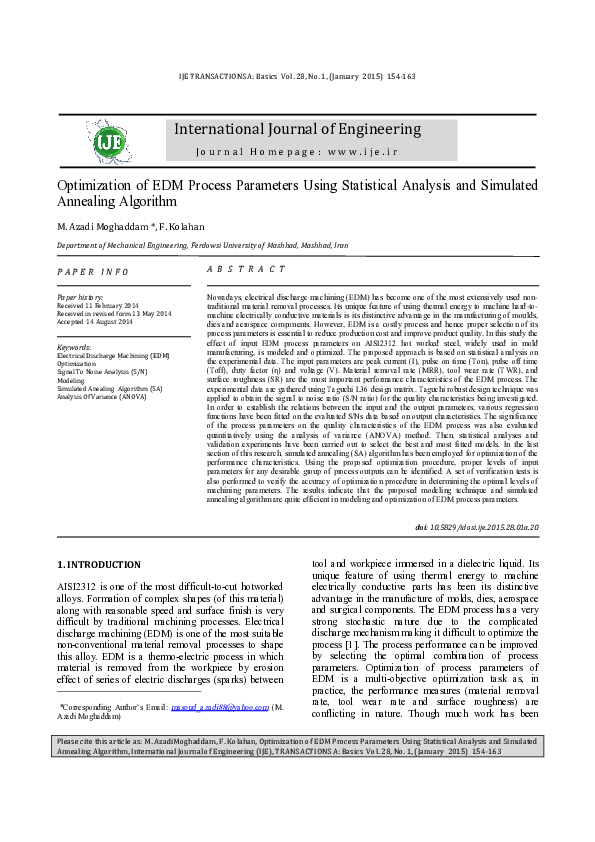 (PDF) Optimization of EDM Process Parameters Using Statistical Analysis and Simulated Annealing ...