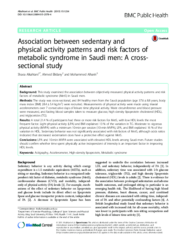 (PDF) Association between sedentary and physical activity patterns and risk factors of metabolic ...