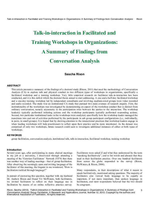 (PDF) Talk-in-Interaction in Facilitated and Training Workshops in ...
