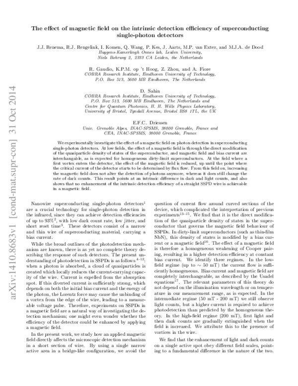 Pdf The Effect Of Magnetic Field On The Intrinsic Detection Efficiency Of Superconducting