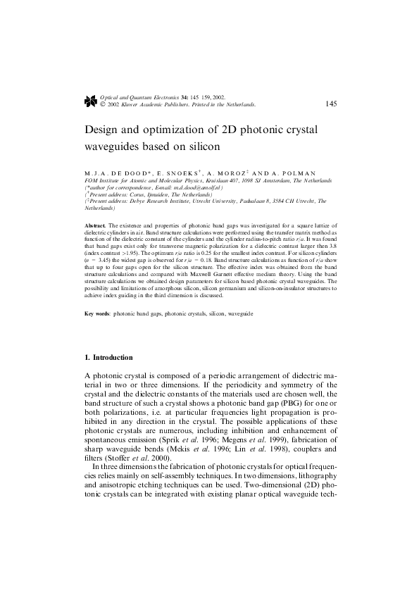 (PDF) Design and optimization of 2D photonic crystal waveguides based on silicon
