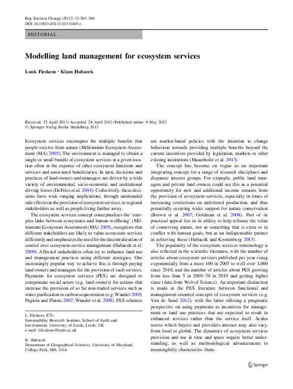 (PDF) Modelling land management for ecosystem services | klaus hubacek - Academia.edu