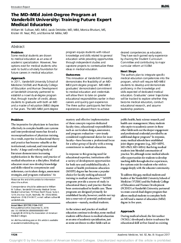 (PDF) The MD–MEd Joint-Degree Program at Vanderbilt University