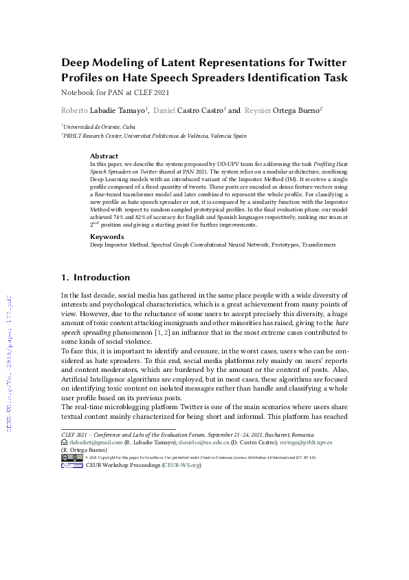 (PDF) Deep Modeling of Latent Representations for Twitter Profiles on Hate Speech Spreaders ...