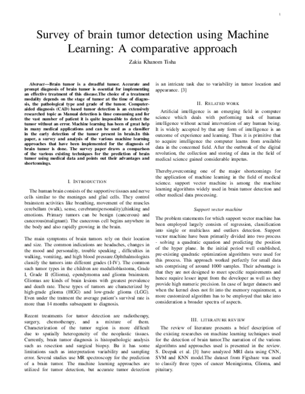 Pdf Survey Of Brain Tumor Detection Using Machine Learning A