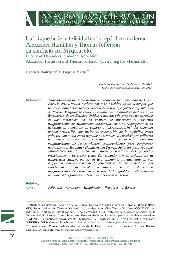 (PDF) La búsqueda de la felicidad en la república moderna: Alexander Hamilton y Thomas Jefferson ...